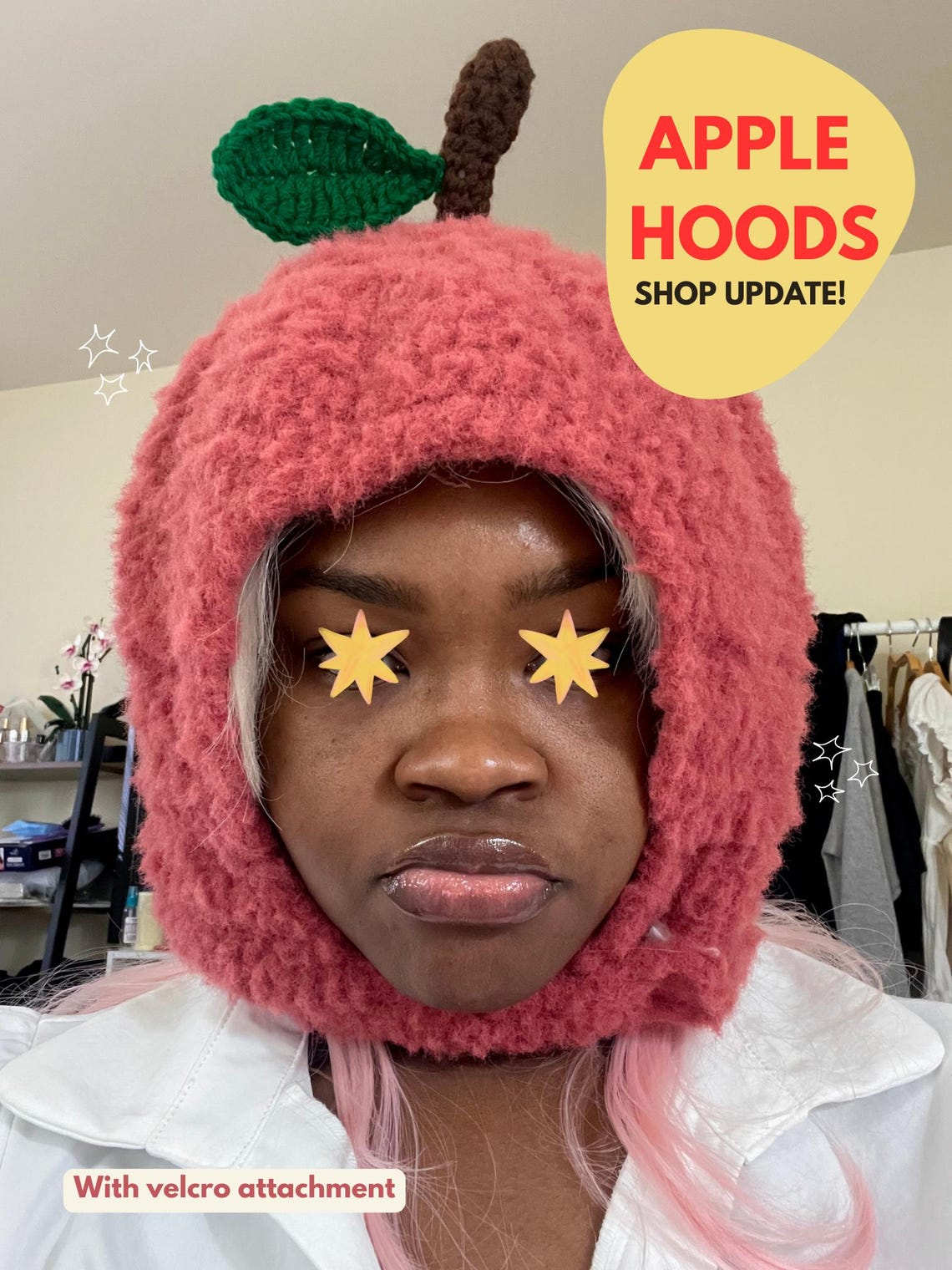 Crochet Apple Hood Hat With Leaf and Stem, Velcro Attachment - Etsy