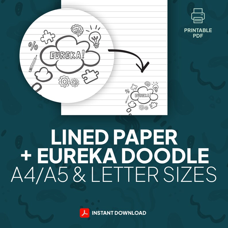 Printable Lined Paper With Funky Eureka Doodle, Hand Drawn Effect Idea ...