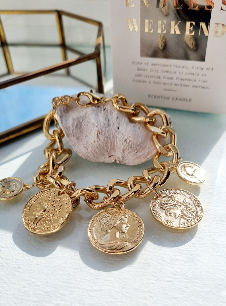 Ladies on Trend Gold Vintage Style Design Coin Charm Bracelet Costume ...