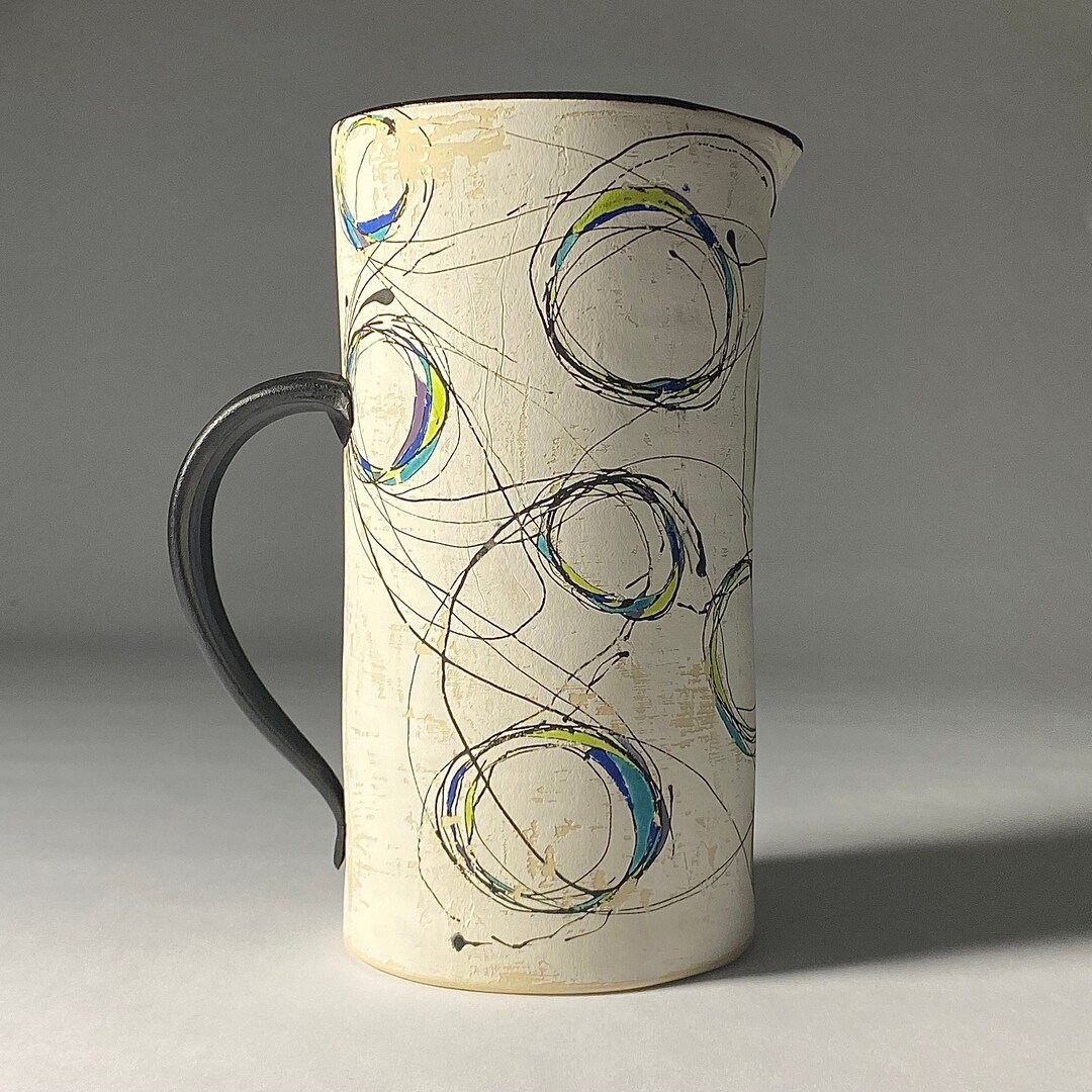 Monoprint Ceramic Pitcher: Handmade Stoneware Pottery, Abstract Swirl ...
