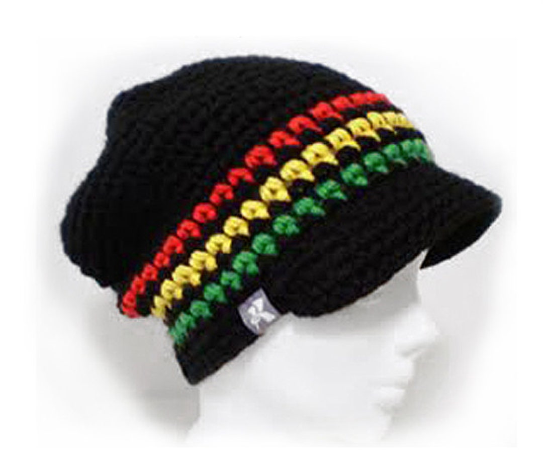 Peaked Slouchy Floppy Beanie - Black, Red, Yellow & Green Rasta Crochet ...
