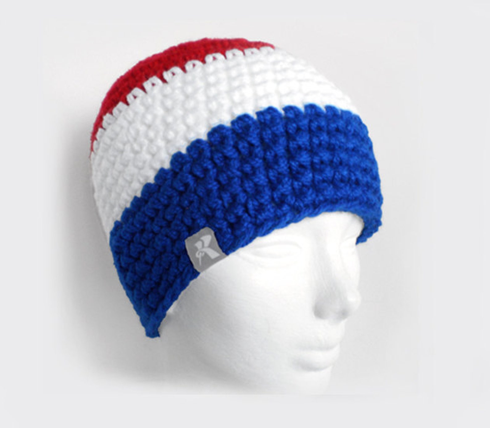Classic Fit Beanie - Red, Blue & White Stripey Crochet Fitted Winter ...