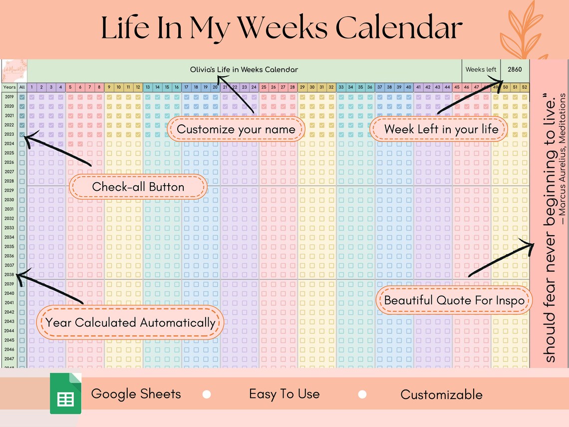 Personalized Life in Weeks Calendar Memento Mori Visual Planner ...