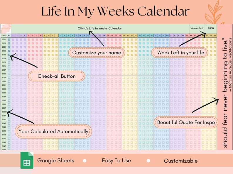 Personalized Life in Weeks Calendar | Memento Mori Google Sheets ...