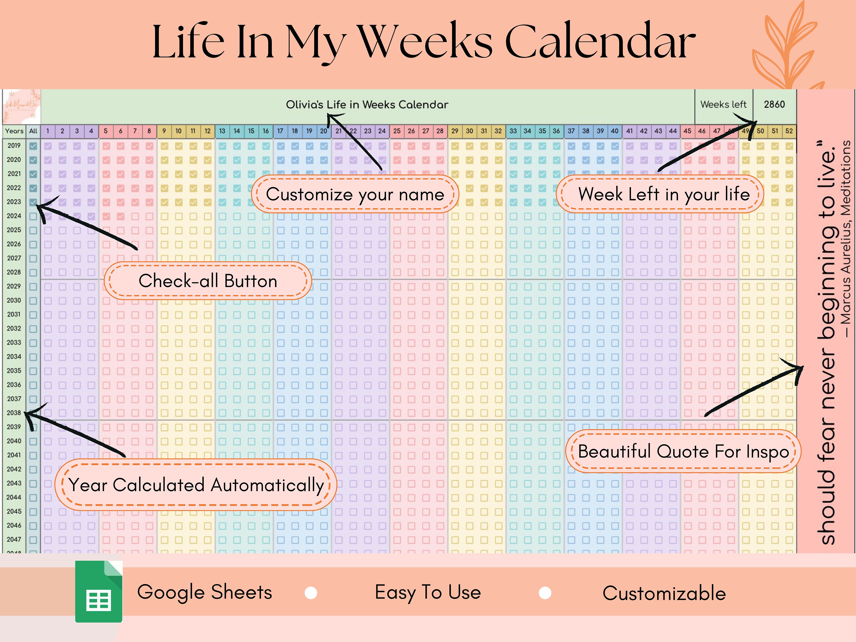 Personalized Life in Weeks Calendar | Memento Mori Google Sheets ...