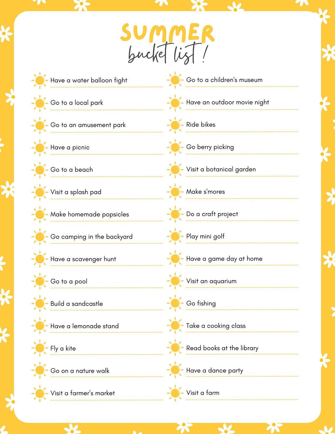 Summer Bucket List Printable - Fun Fillable PDF, High-quality Jpgs ...