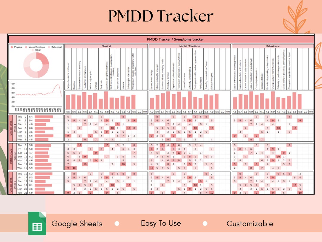 Menstrual Cycle & PMDD Tracker Spreadsheet | Medical Symptom Mood Flow ...