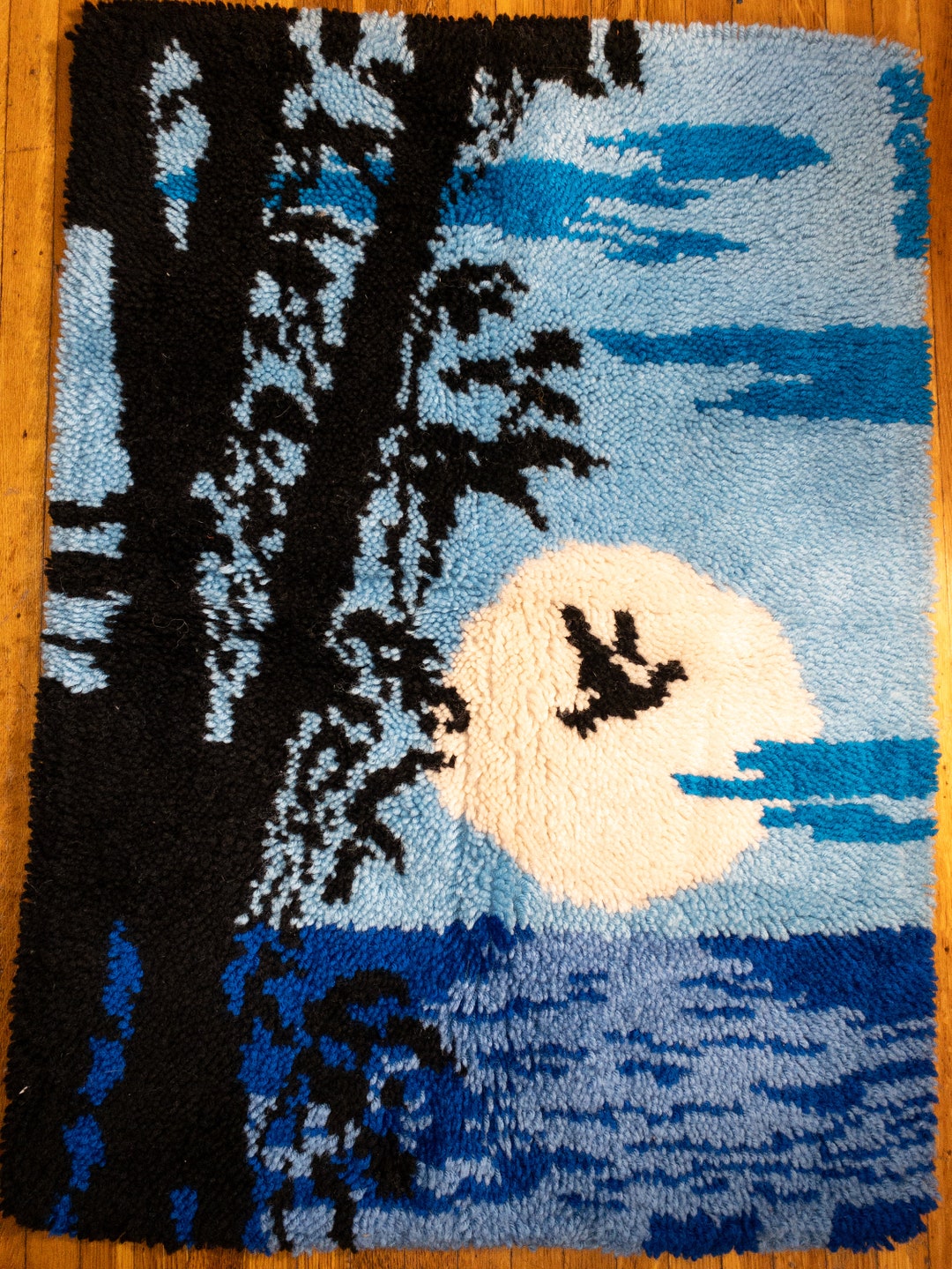 Vintage 1970s Wool Latch Hook Rug, Wall Hanging | Night Lake Scene Moon ...
