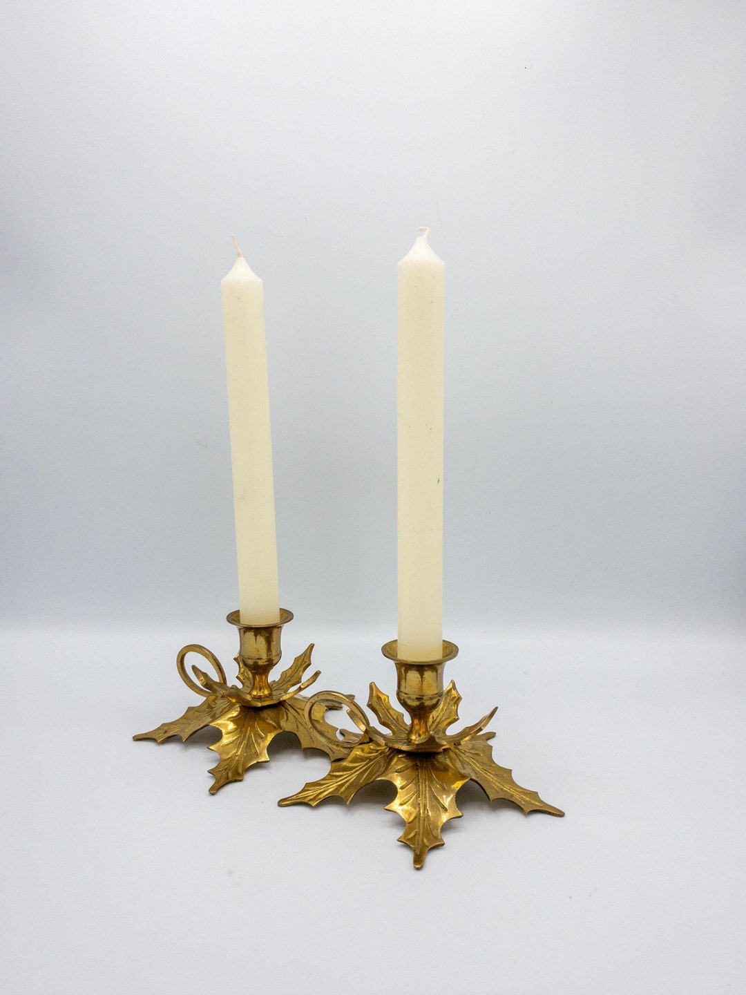 Vintage Pair of Solid Brass Holly Candle Holders Christmas Decor ...