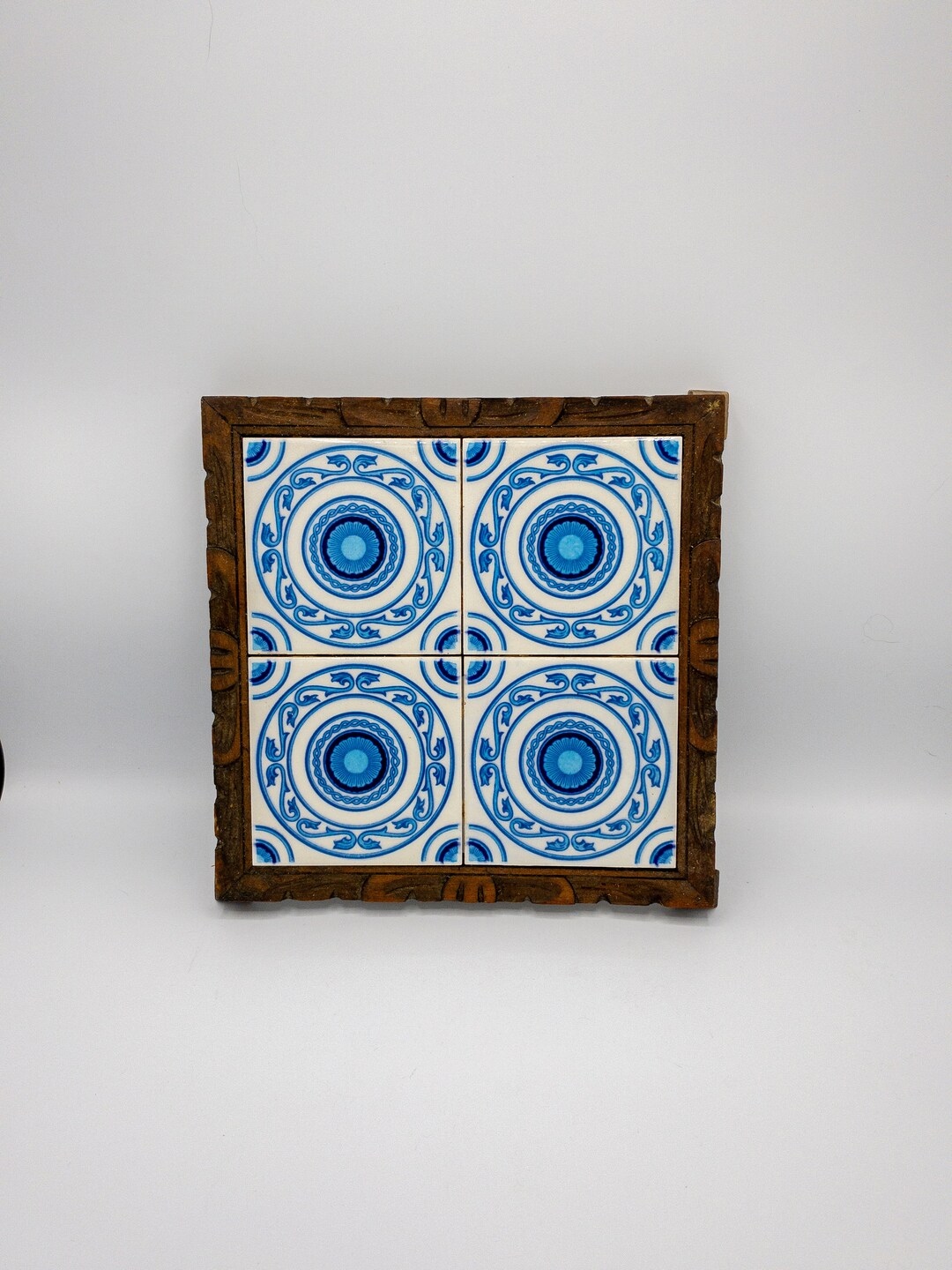 Vintage Mexican Tile Trivet | Carved Wood Trivet | Painted Tile | Blue ...