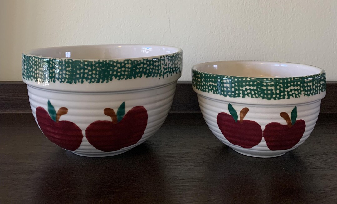 Vintage Stoneware Bowl Set: Apple Spongeware, Country Farmhouse Kitchen ...