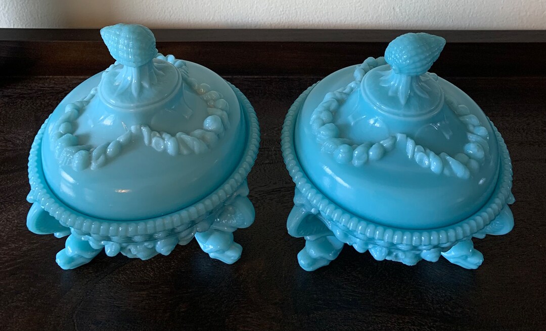 French Milk Glass Blue Opaline Argonaut Lidded Dish, Sea Serpent Feet & Shell Portieux ...