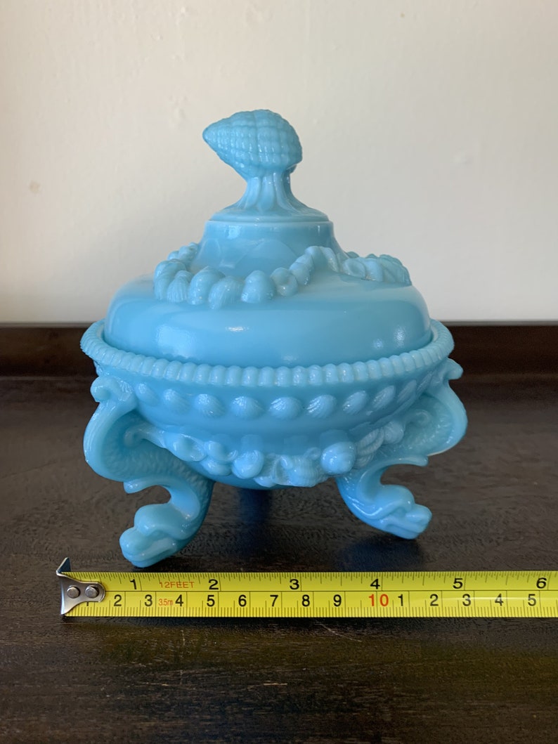 French Milk Glass Blue Opaline Argonaut Lidded Dish, Sea Serpent Feet ...