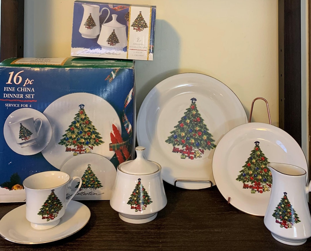 Vintage Christmas Tree Dinnerware Set: Sea Gull Fine China, Gold Trim ...