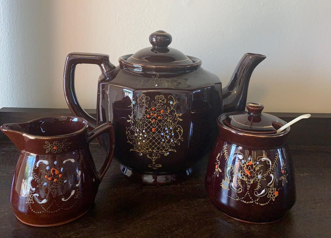 Teapot Set Mid-century Japanese Redware Pottery Hand Painted Flowers ...