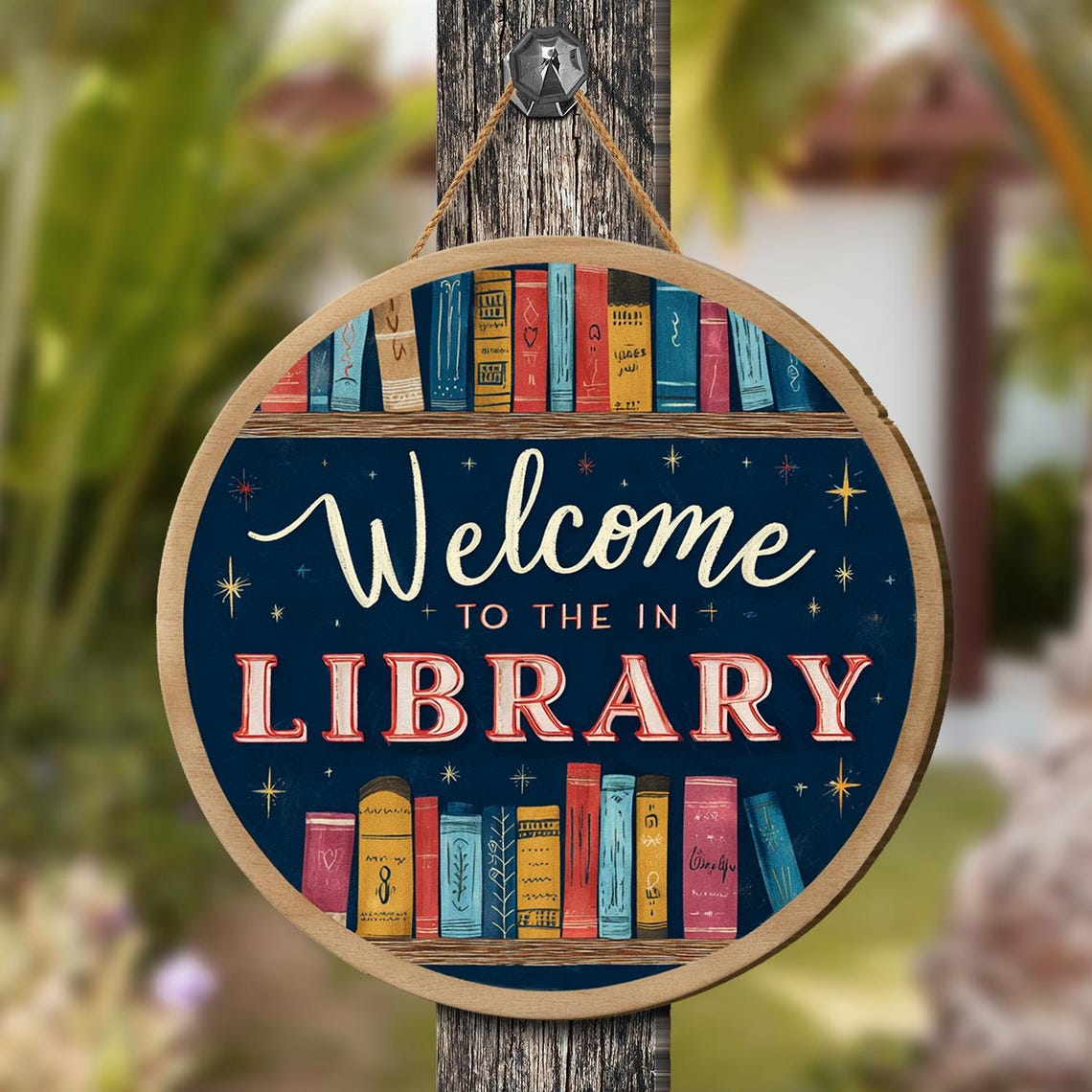 Welcome to the Library Sign Reading Room Teacher Gift Wooden Door Decor ...