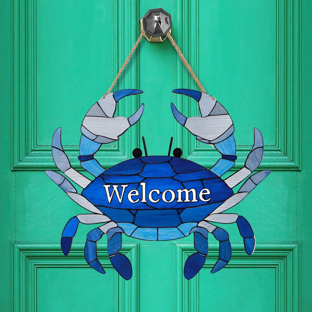 Coastal Crab Welcome Sign, Blue Crab Wooden Door Hanger, Ocean Theme ...