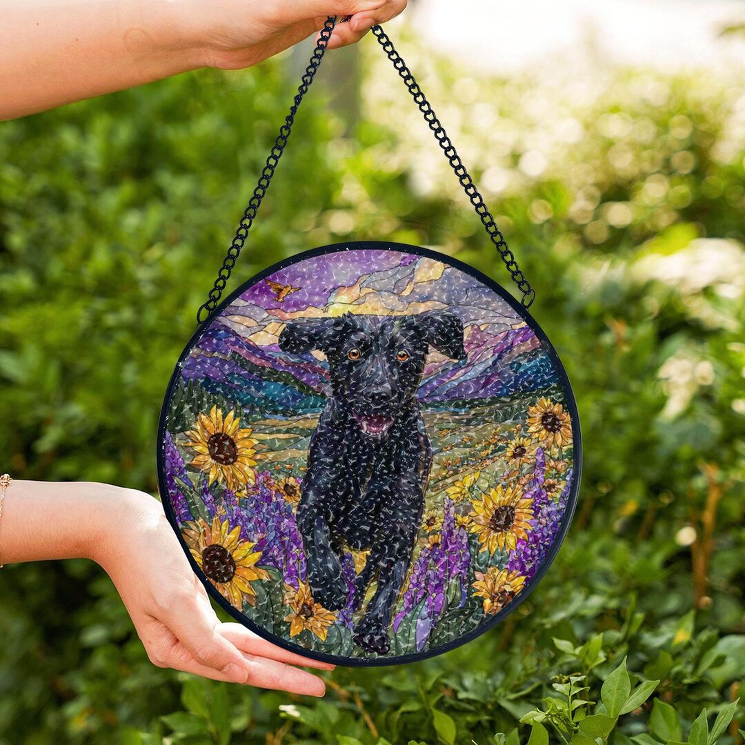 Black Labrador Painted Stained Glass Suncatcher, Outdoor Sun Catcher ...