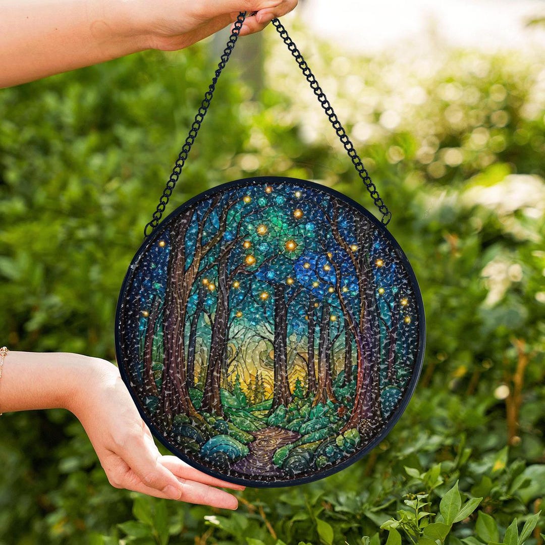 Firefly Forest Glass Suncatcher: Nature Landscape Window Decor, Vibrant ...