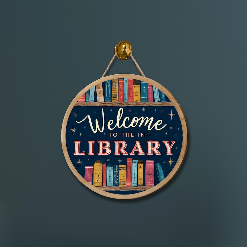 Welcome to the Library Sign Reading Room Teacher Gift Wooden Door Decor ...