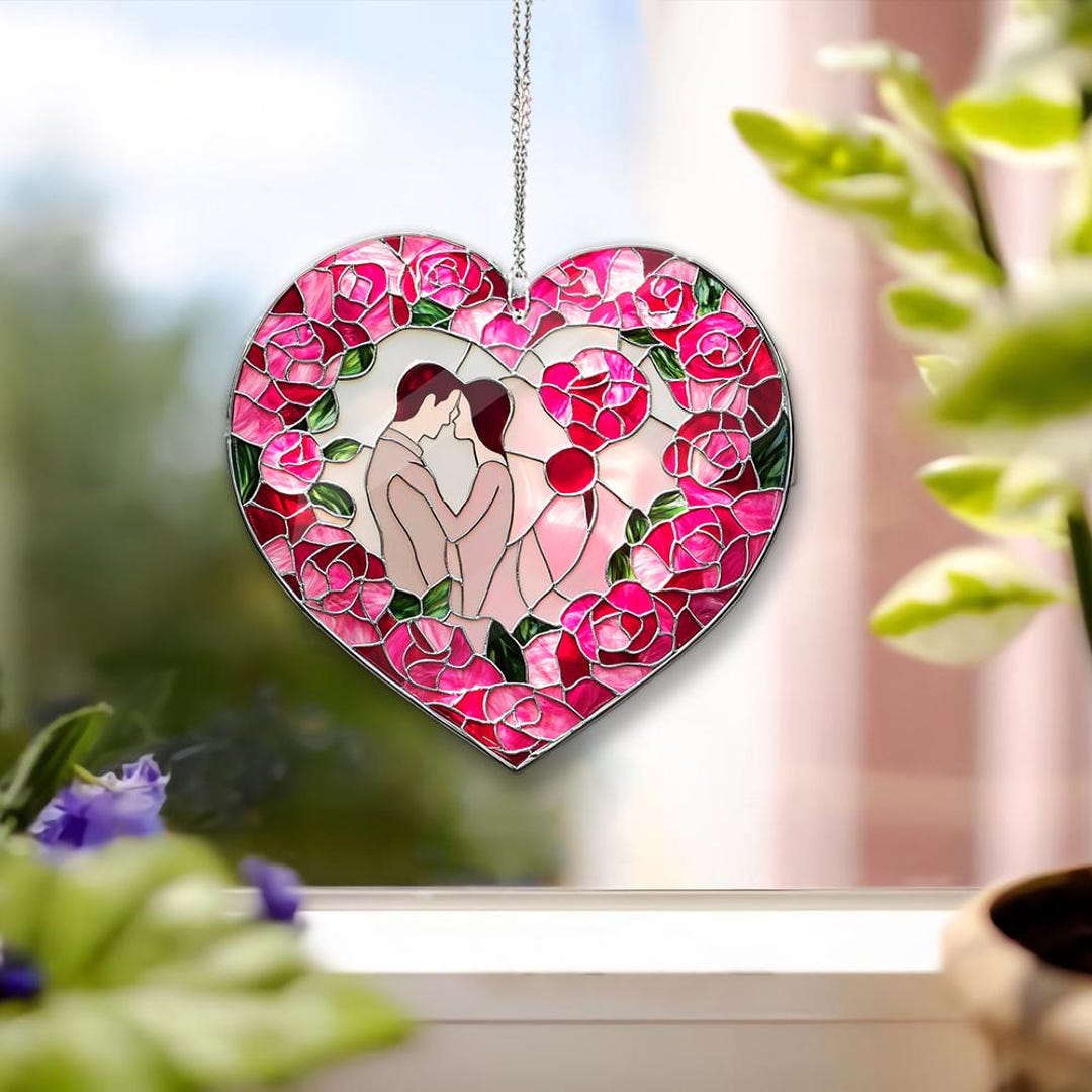 Stain Glass Style Rose Heart With Couple Acrylic Romantic Love Heart ...