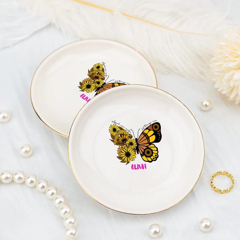 Personalized Birth Flower Butterfly Ceramic Trinket Dish - Etsy