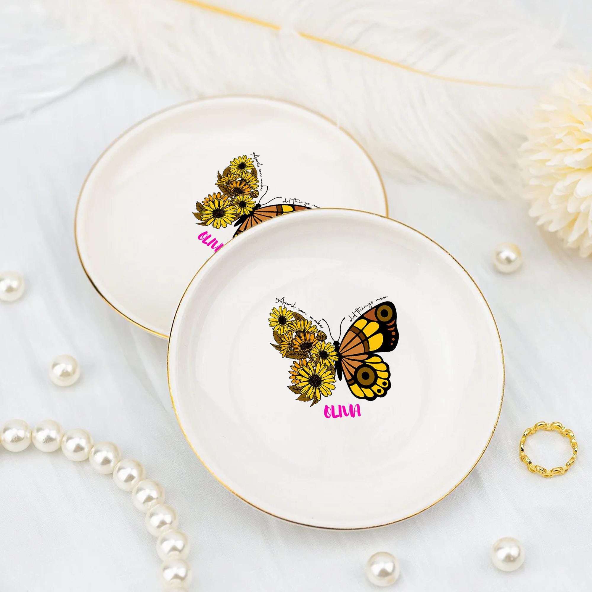 Personalized Birth Flower Butterfly Ceramic Trinket Dish - Etsy