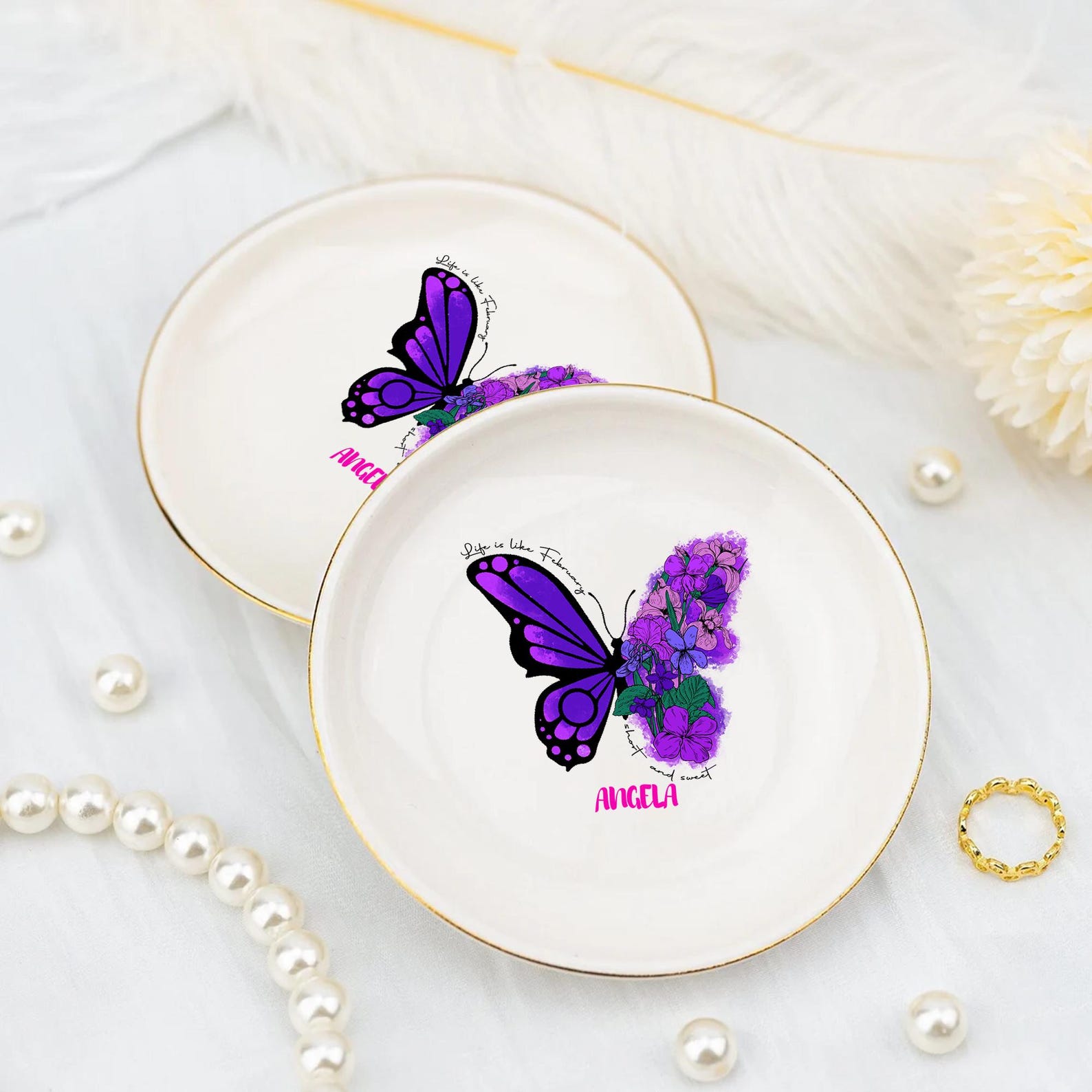 Personalized Birth Flower Butterfly Ceramic Trinket Dish - Etsy