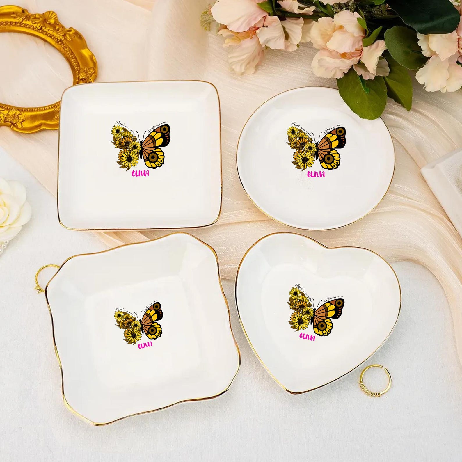 Personalized Birth Flower Butterfly Ceramic Trinket Dish - Etsy