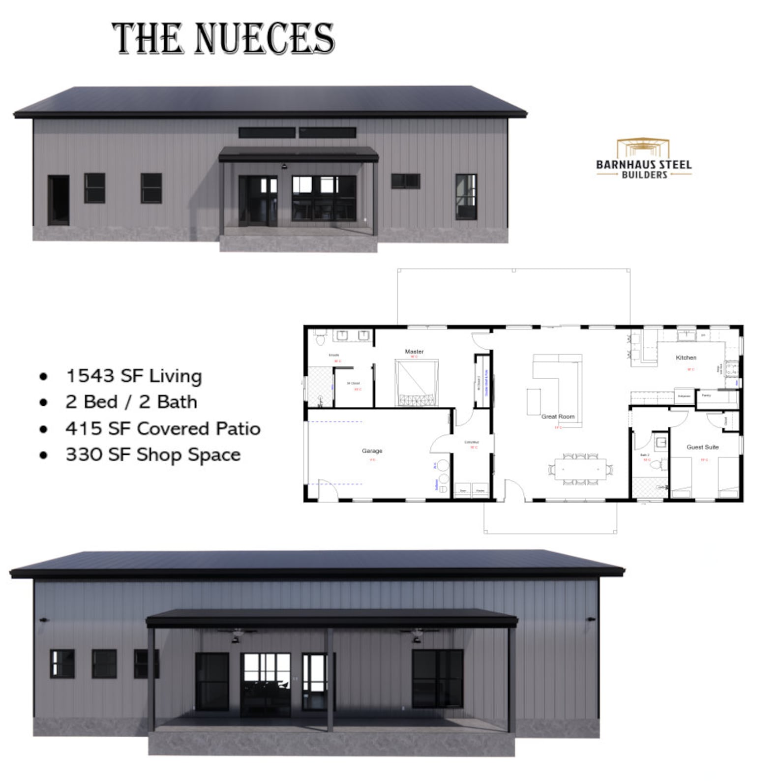 The Nueces Barndominium: 2 Bedroom 2 Bathroom Modern Farmhouse Metal ...