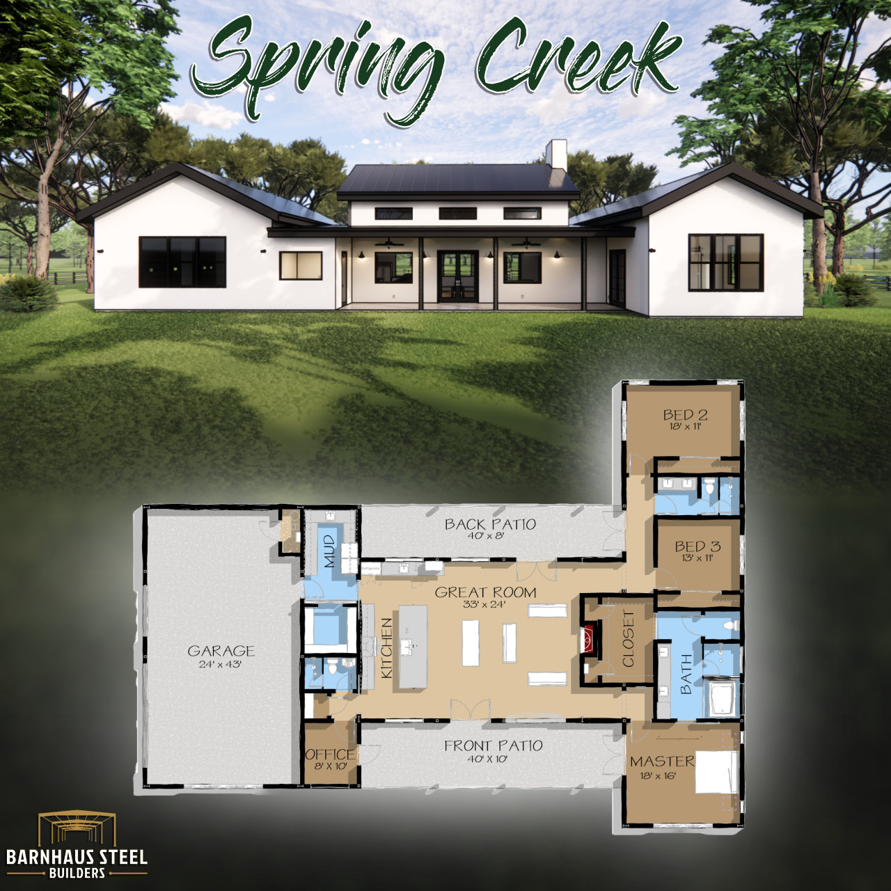 The Spring Creek Modern Farmhouse - 3 Bedroom 3 Bath 2639 SF Design ...