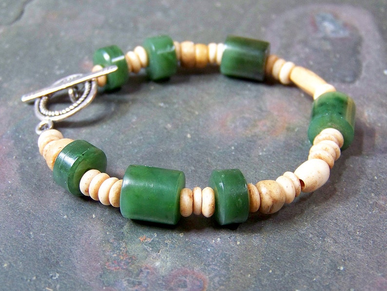 Jade Bracelet Rustic Bone and Green Nephrite Jade Stone Bracelet OOAK ...