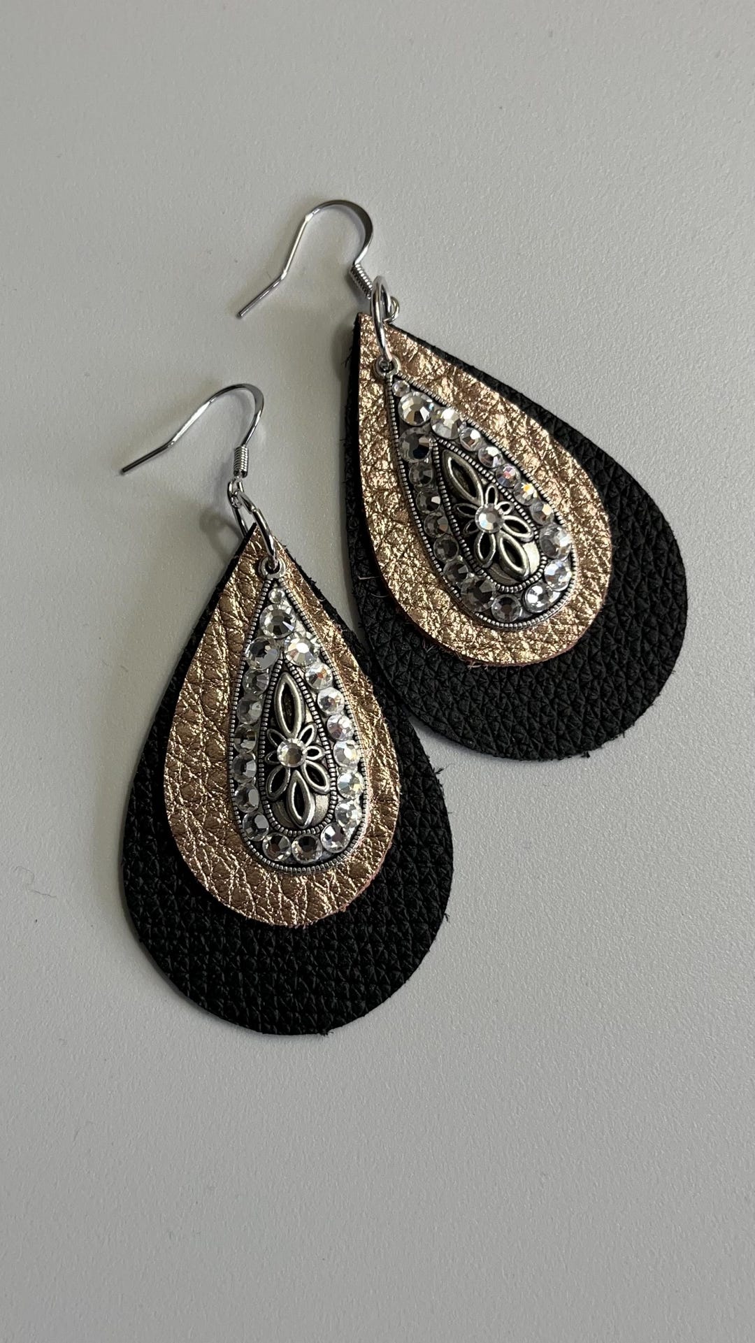 Rhinestone Tear Drop & Leather Statement Earrings Rodeo Cowgirl Western ...