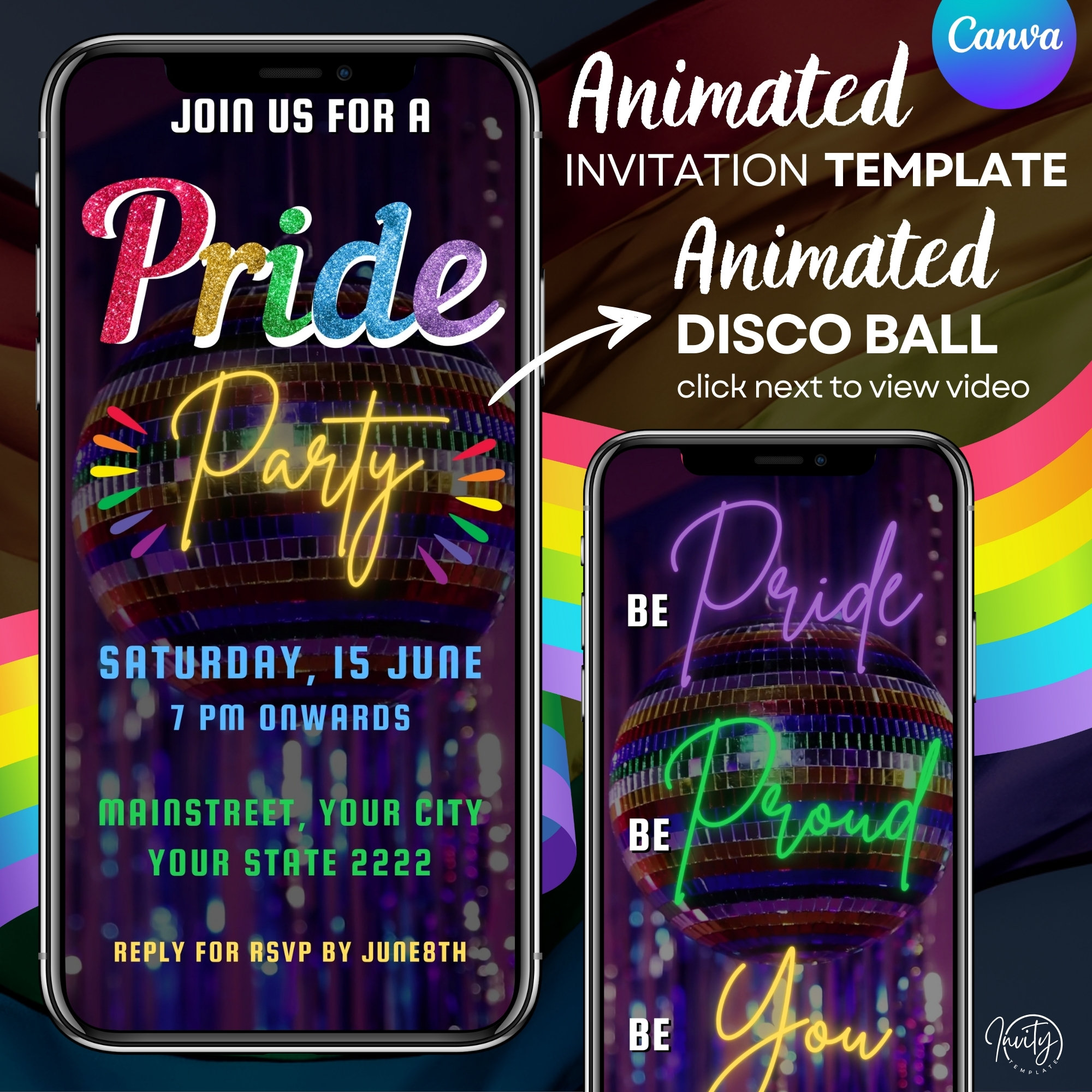 Pride Party Animated Invitation Template, Pride Invite Canva Template, Rainbow Invite, Gay Pride ...