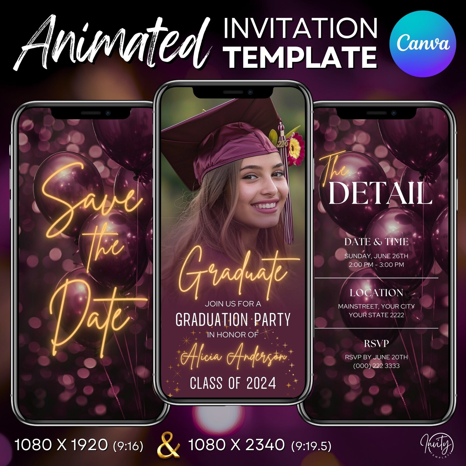 2024 Graduation Invitation, Maroon Graduation Invite Template, Save the ...
