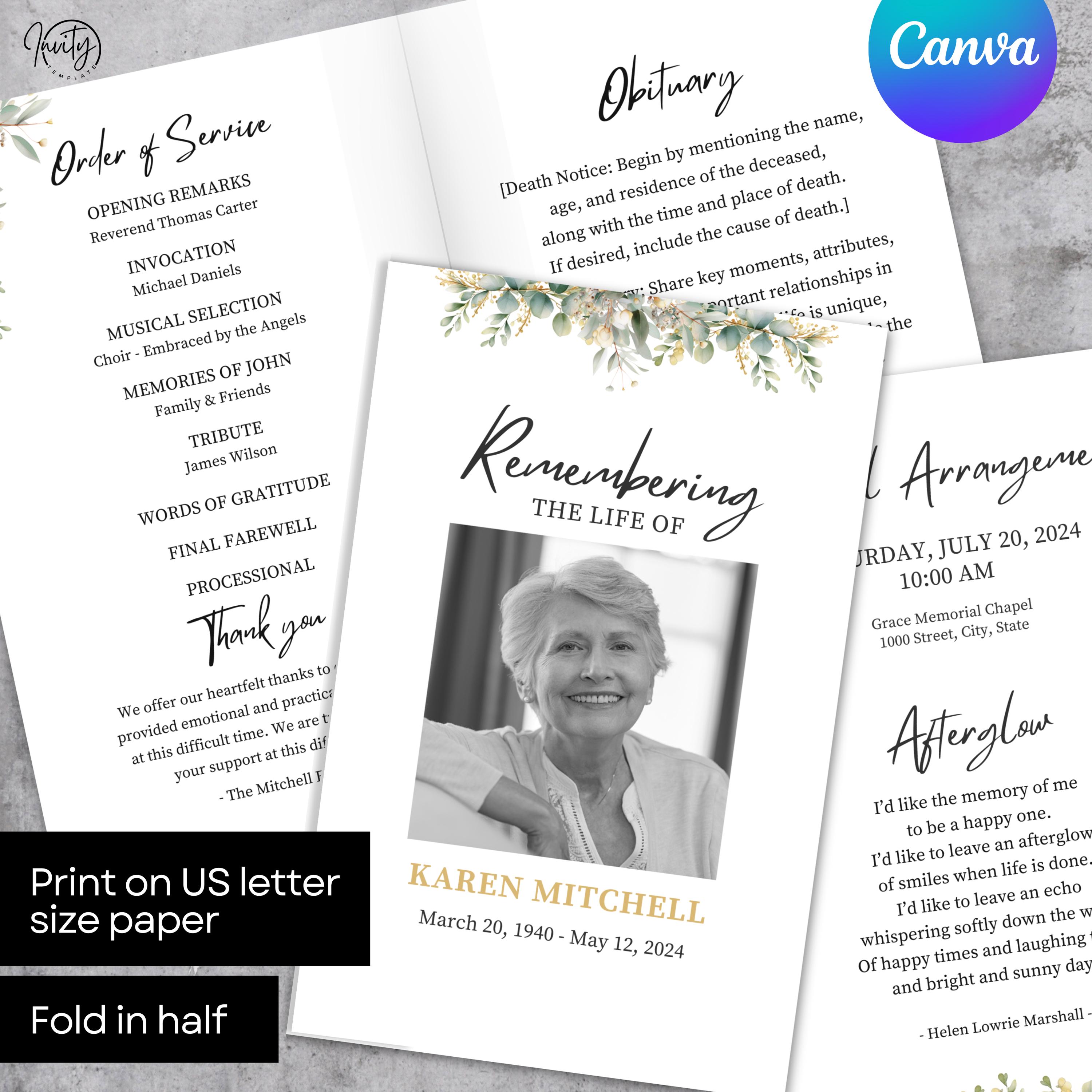 Funeral Program Template for Memorial Service, Celebration of Life ...