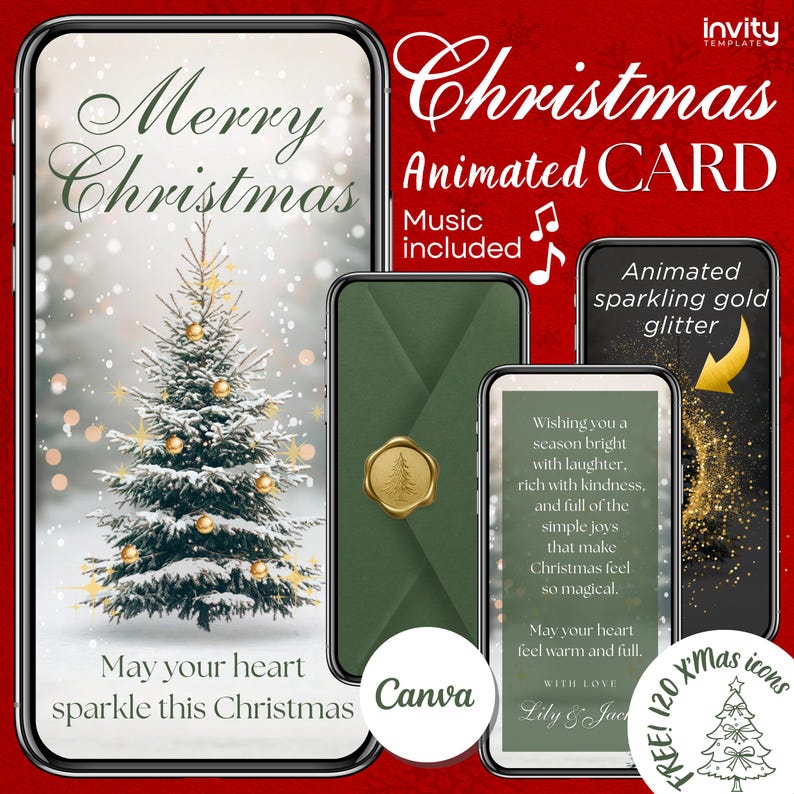 Animated Christmas Card Canva Template | Elegant Xmas Tree Card ...