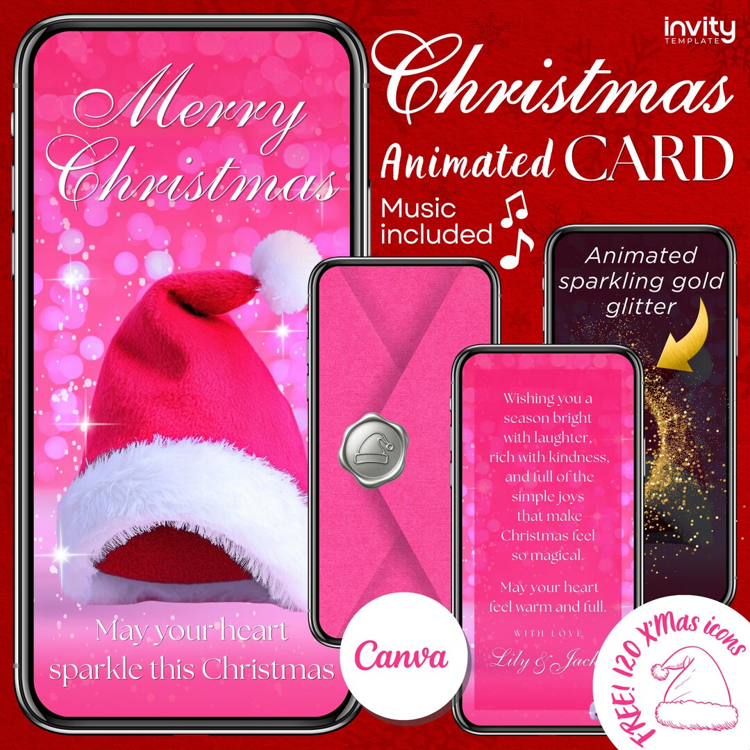 Animated Christmas Card Canva Template | Shocking Pink Santa Hat Card ...