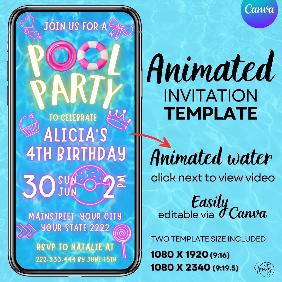 Pool Party Animated Invitation, Birthday Girl, Summer Birthday Party ...