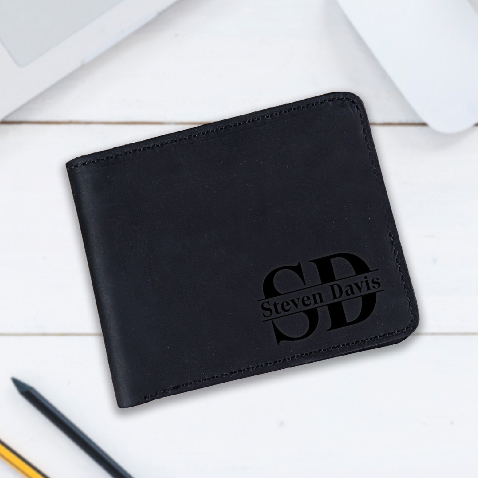 Personalized Leather Bifold Wallet, Engraved Initials, Anniversary Gift ...