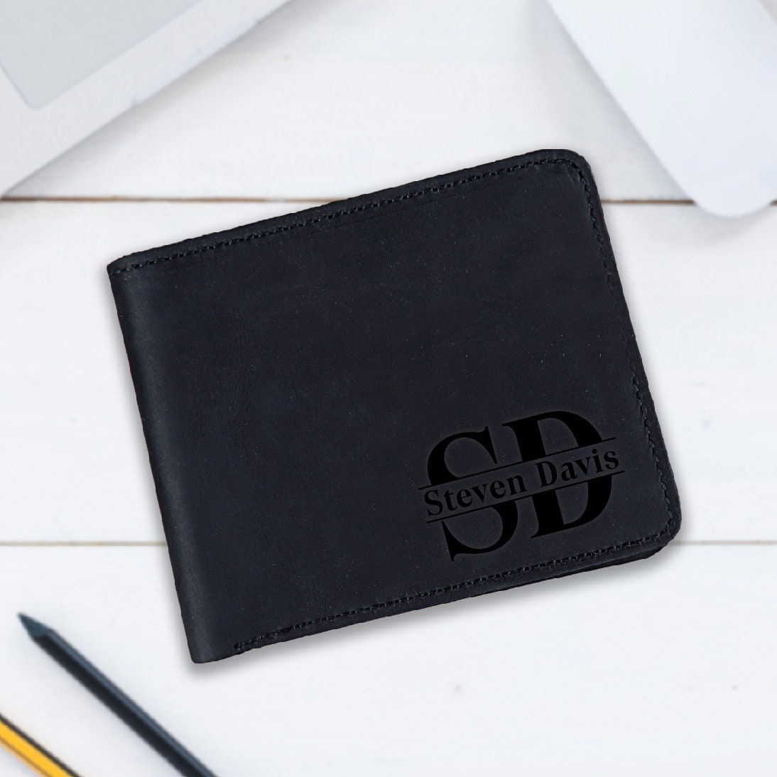 Personalized Leather Bifold Wallet, Engraved Initials, Anniversary Gift ...