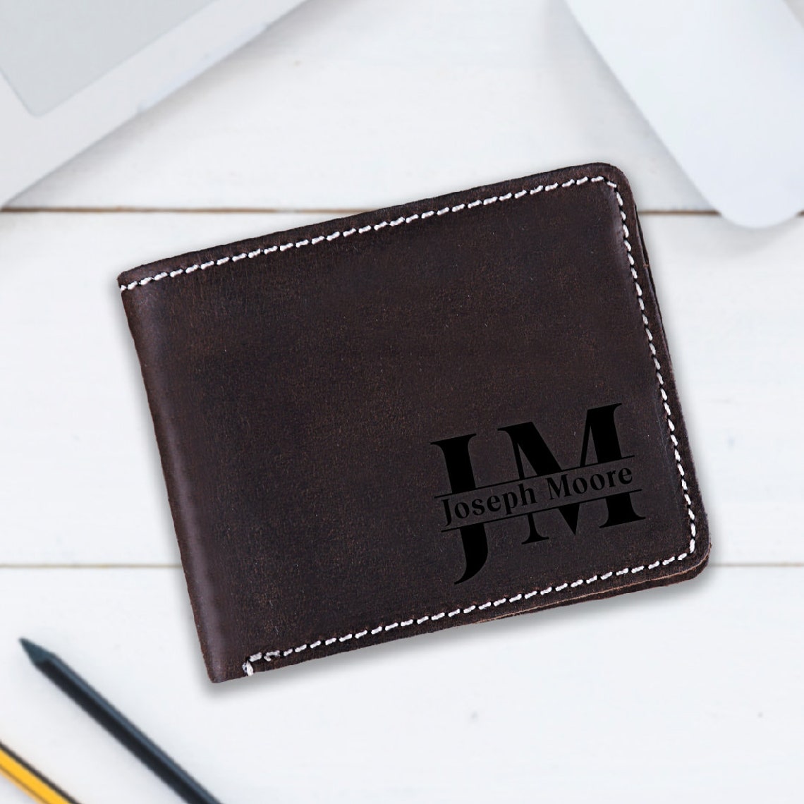 Personalized Leather Bifold Wallet, Engraved Initials, Anniversary Gift ...