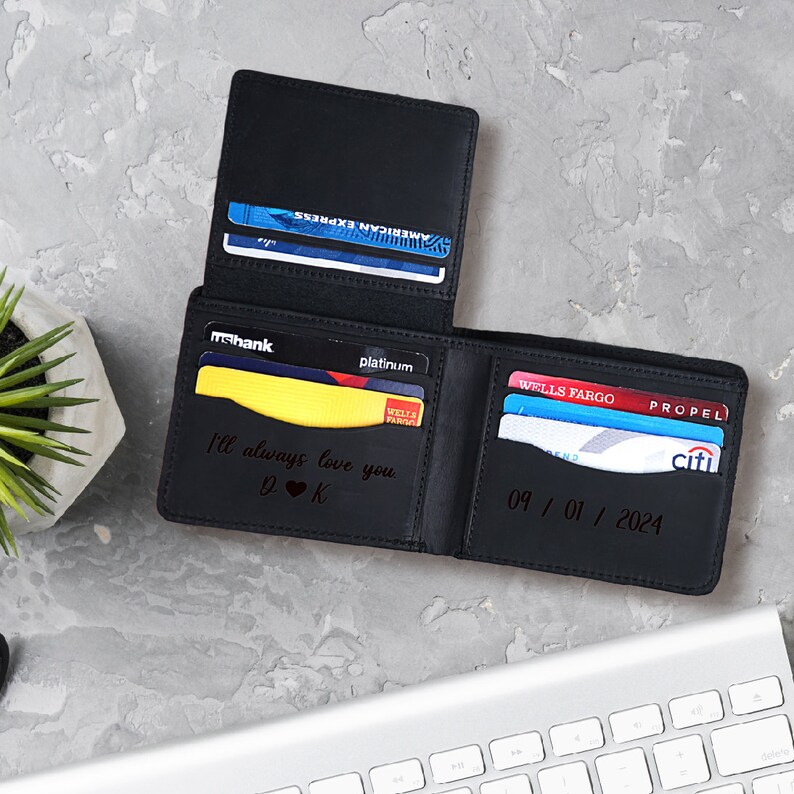 Personalized Leather Bifold Wallet, Engraved Initials, Anniversary Gift ...