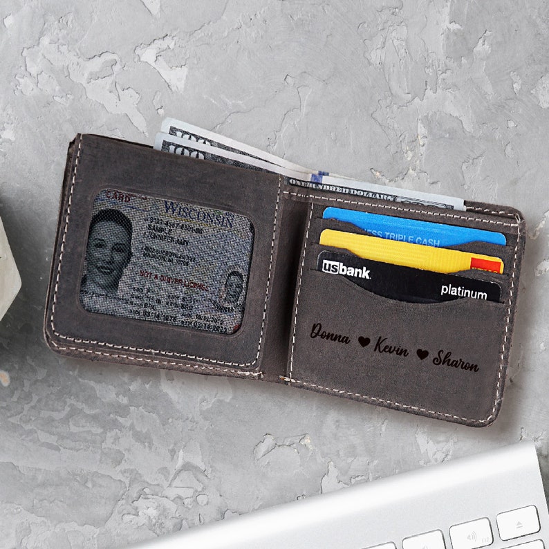 Personalized Leather Bifold Wallet, Engraved Initials, Anniversary Gift ...