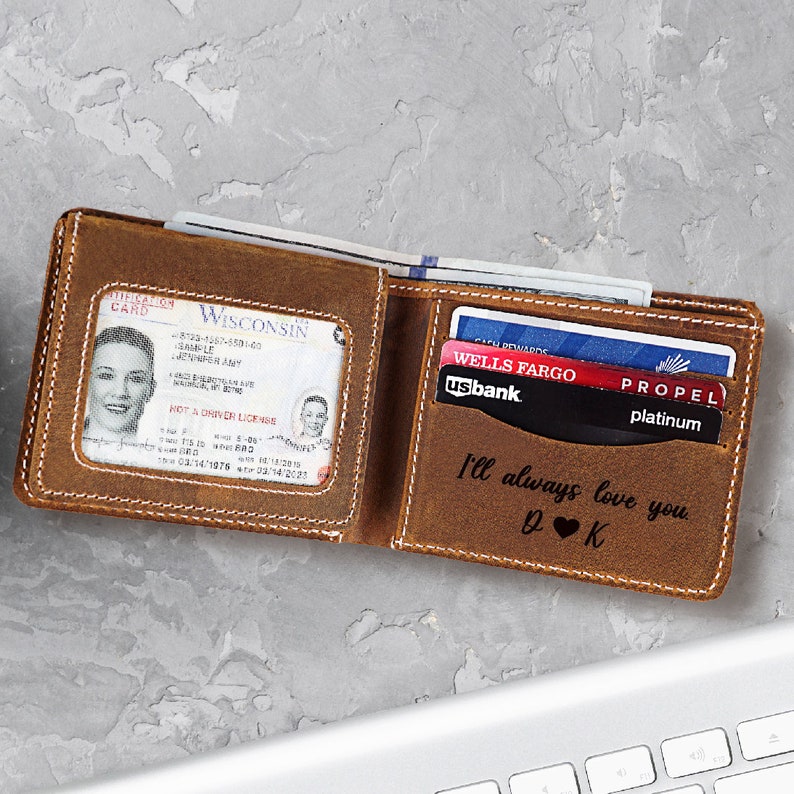 Personalized Leather Bifold Wallet, Engraved Initials, Anniversary Gift ...