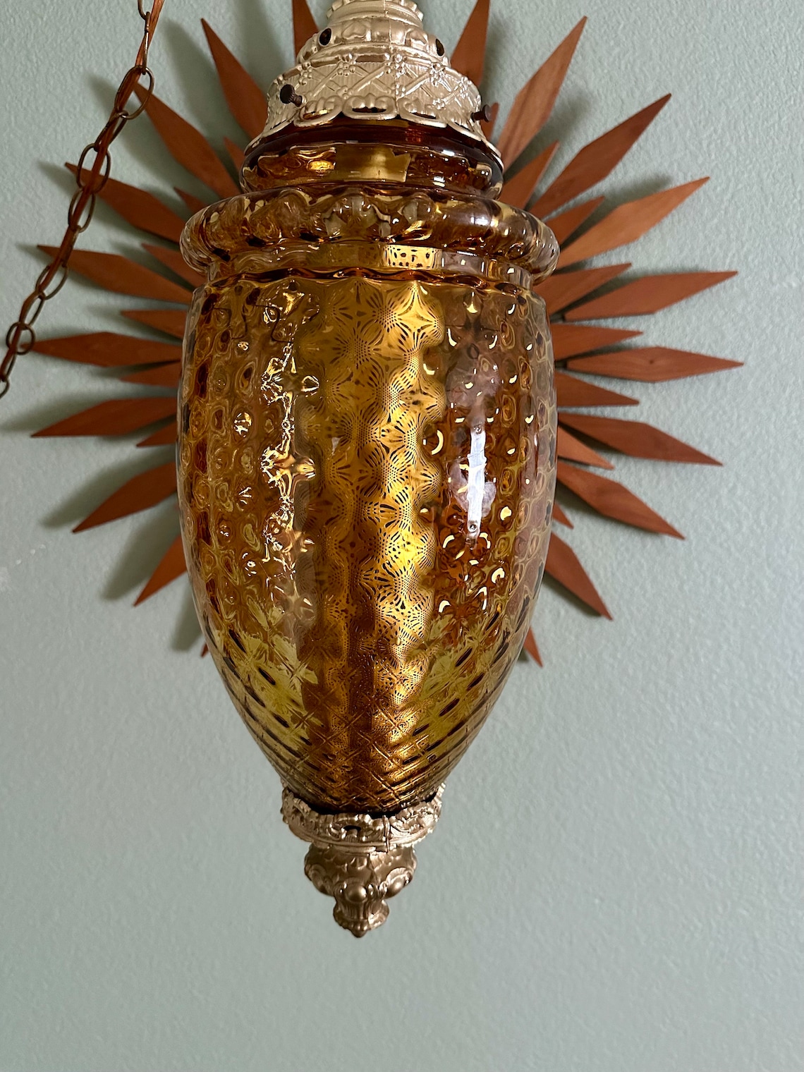 Large Amber Glass Swag Lamp Mid Century - Etsy