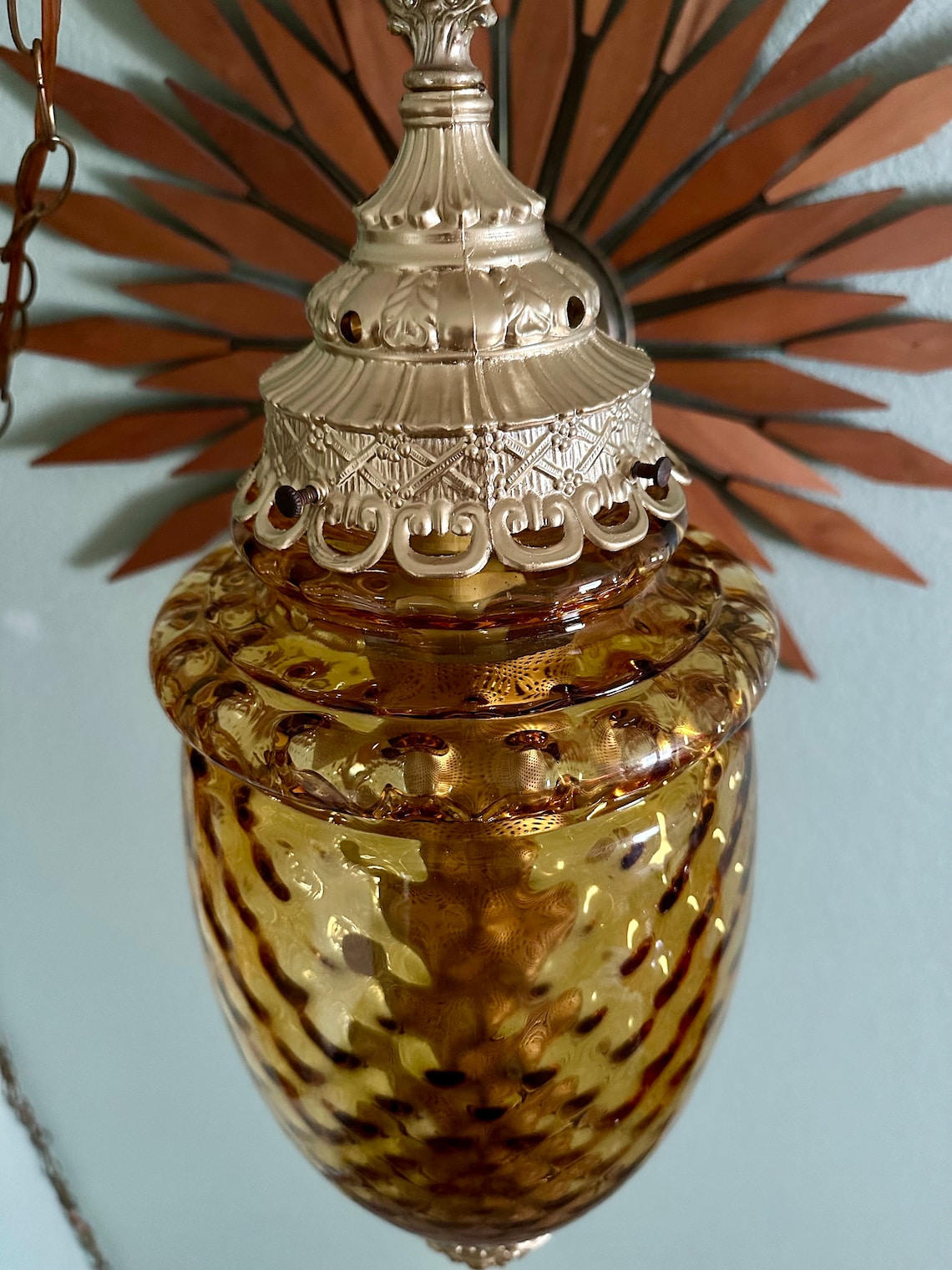 Large Amber Glass Swag Lamp Mid Century - Etsy