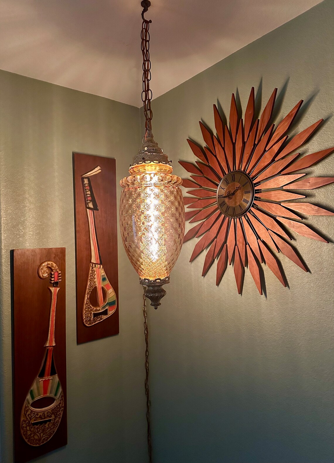 Large Amber Glass Swag Lamp Mid Century - Etsy