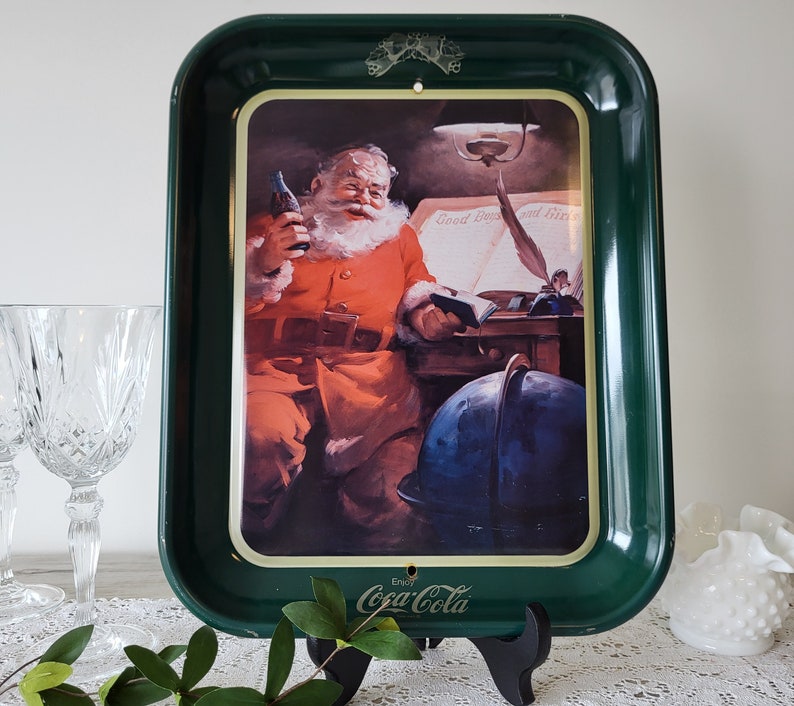 Vintage Enjoy Coca-cola Santa Claus Tray, Dark Green Metal Beverage ...