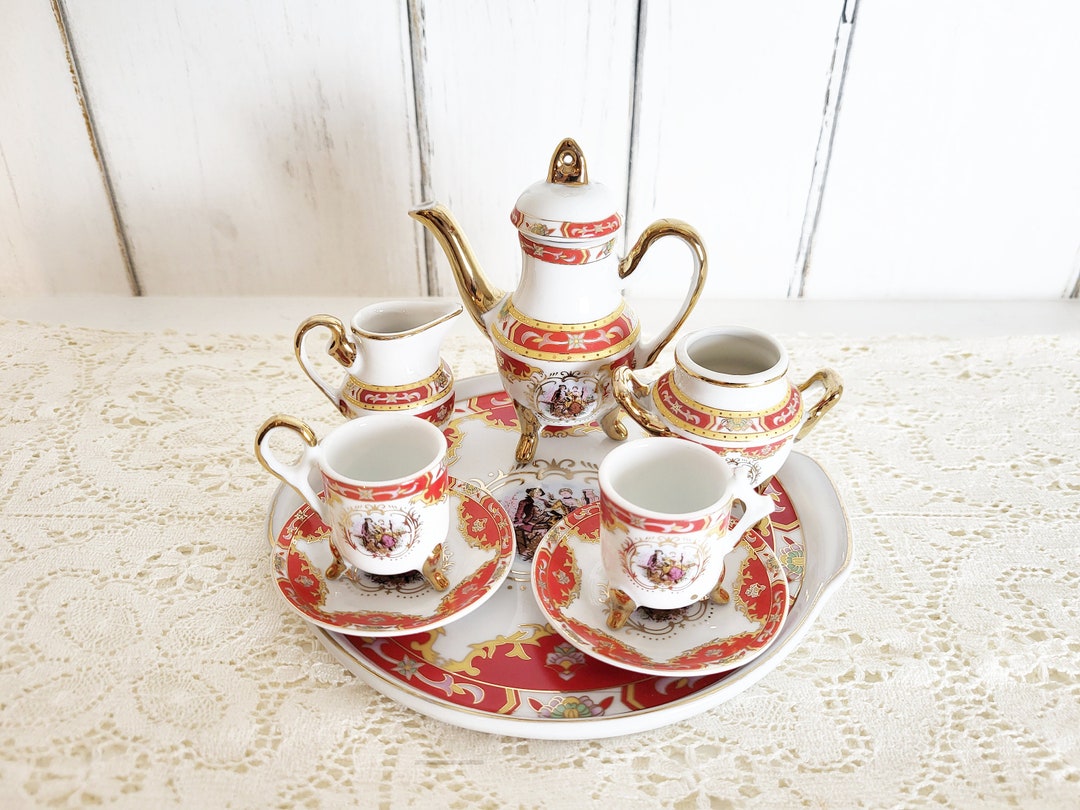 Vintage Miniature Red Gold Baroque Tea Party Set, Child's Size Rococo ...
